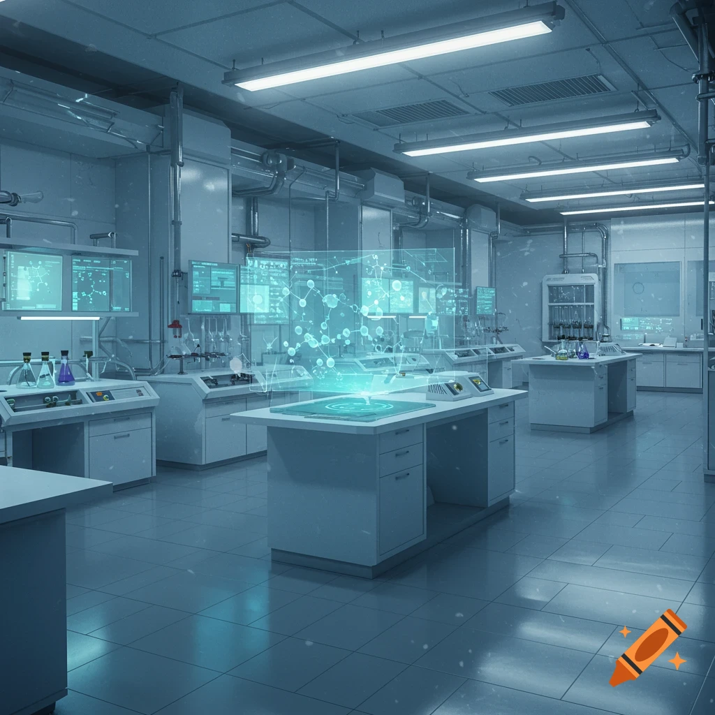 A futuristic, blue-toned laboratory with robotic arms, multiple ...