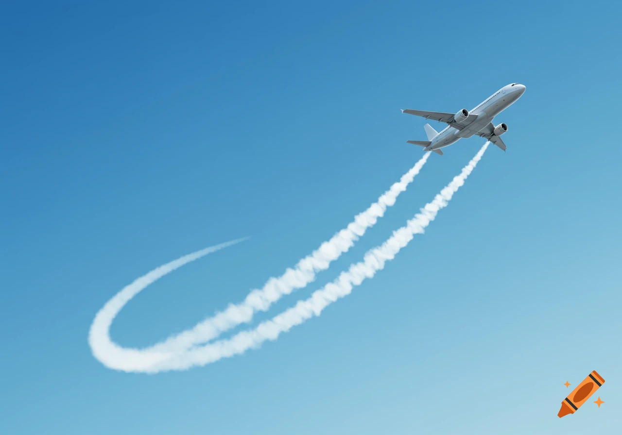 A white passenger airplane flies upwards in a clear blue sky, leaving ...