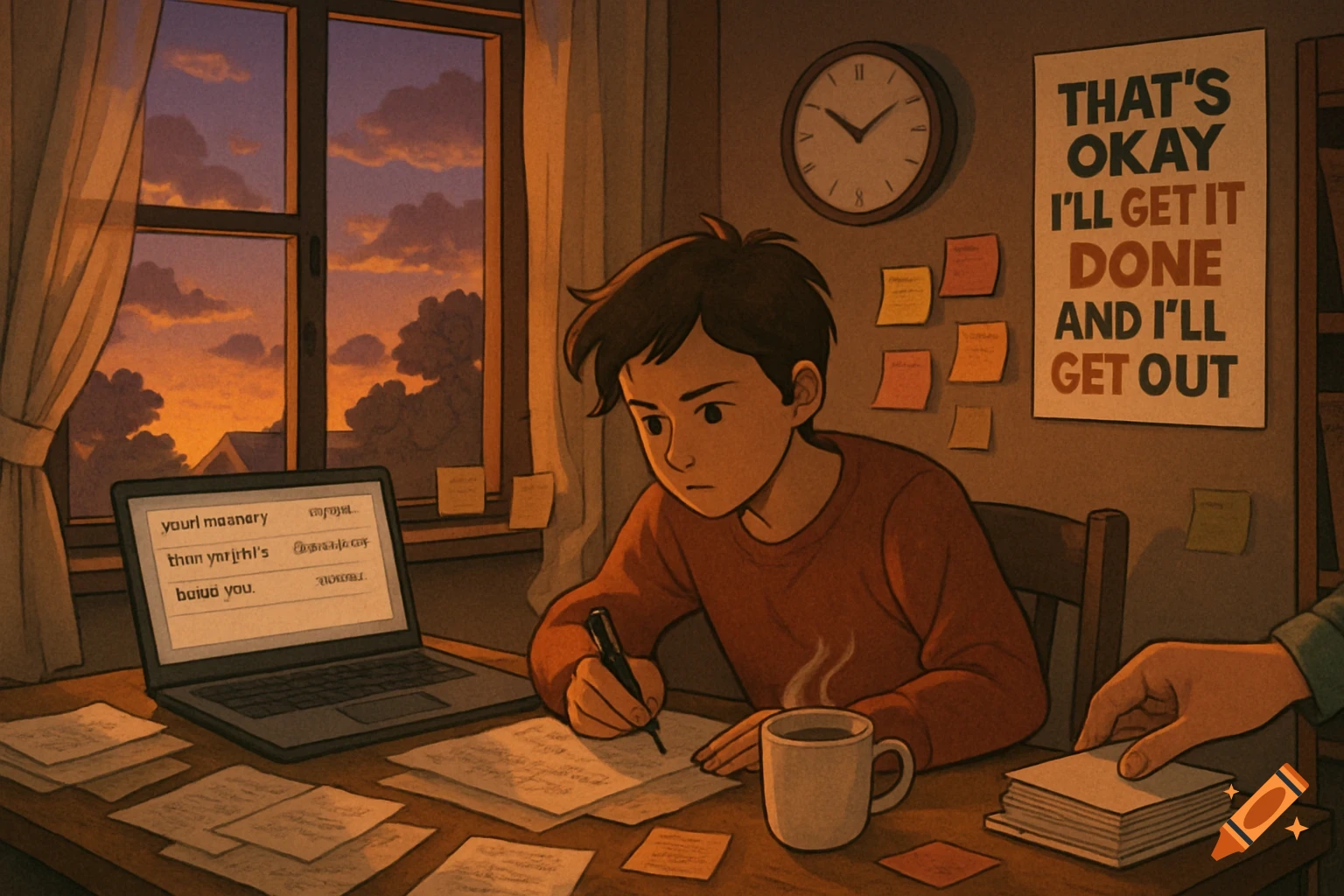 A chubby cartoon man with glasses and a red shirt sits at a wooden desk ...