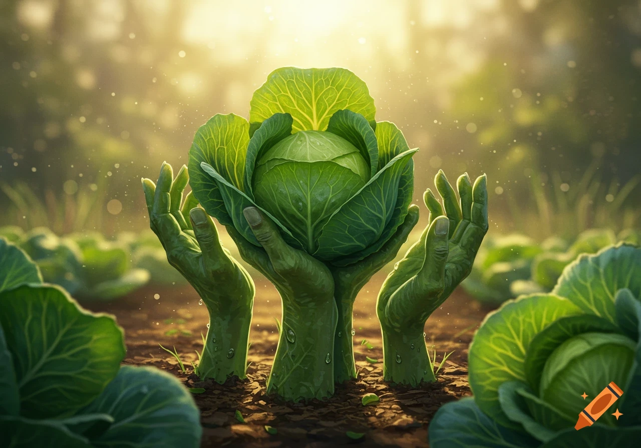 Large green cabbage-like hands emerge from soil, cradling a cabbage head in a sunny field. on ...