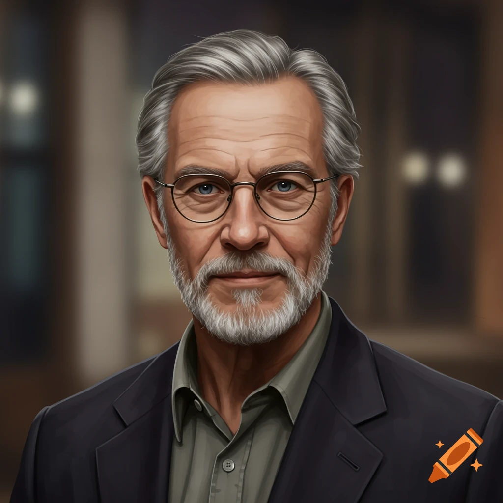 Digital painting of a kind, confident older man with gray hair, a beard ...