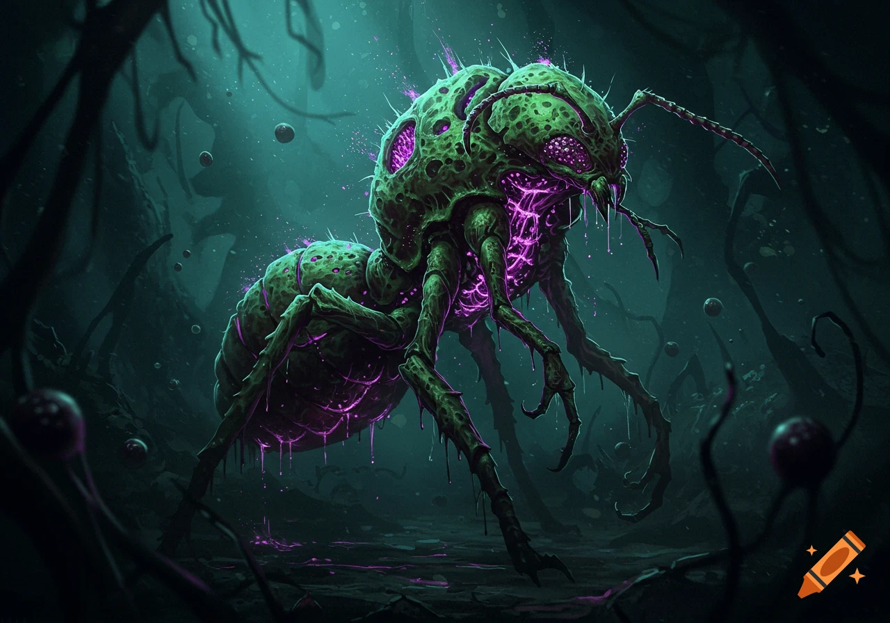 A furry purple and green centipede with magenta legs stands in a ...