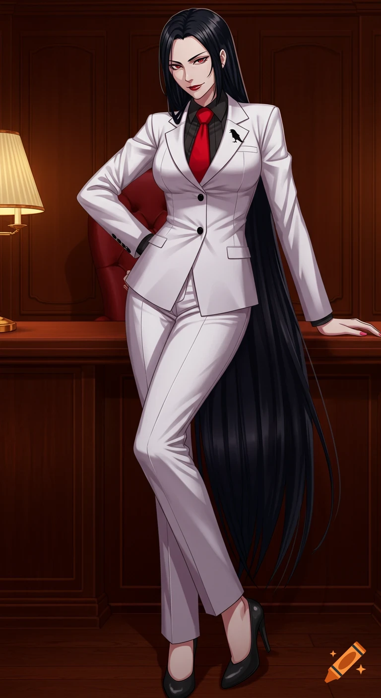 Anime-style businesswoman with long black hair and red eyes, wearing a ...