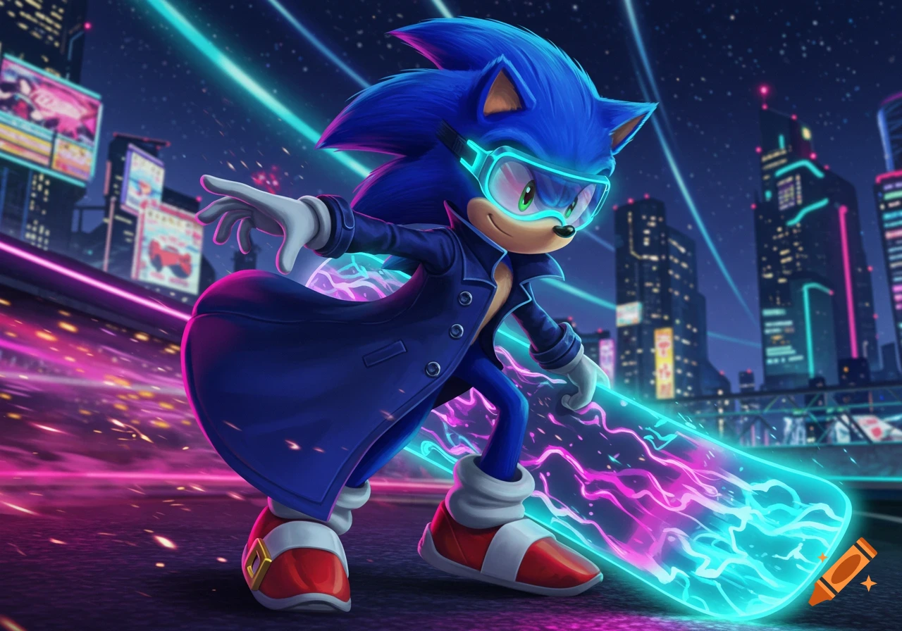Sonic and Shadow the Hedgehog nose-to-nose on a neon-lit city street in ...