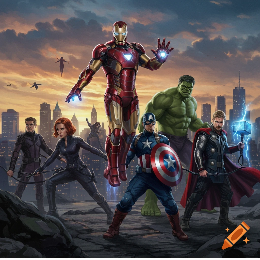 Marvel superheroes Iron Man, Black Widow, Captain America, and Spider ...