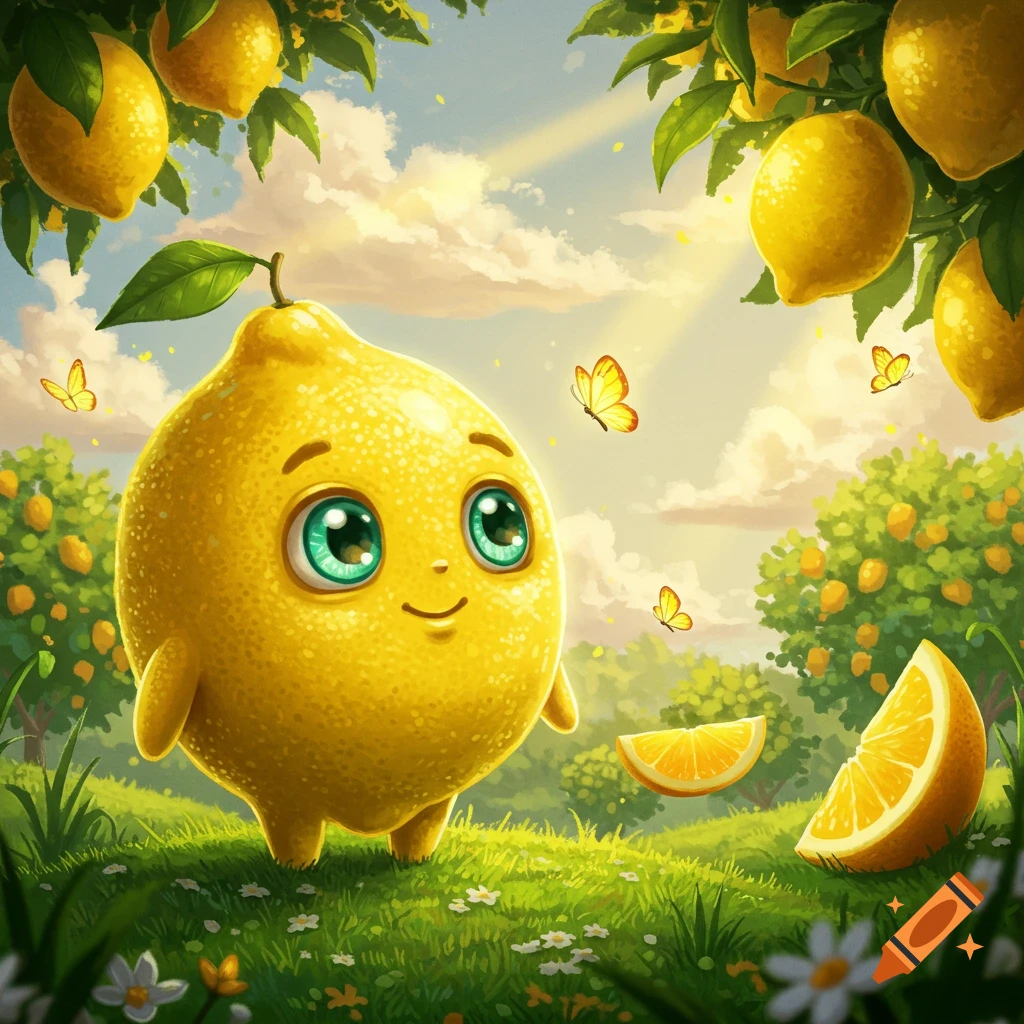 A cute, smiling anthropomorphic lemon character with small arms and ...