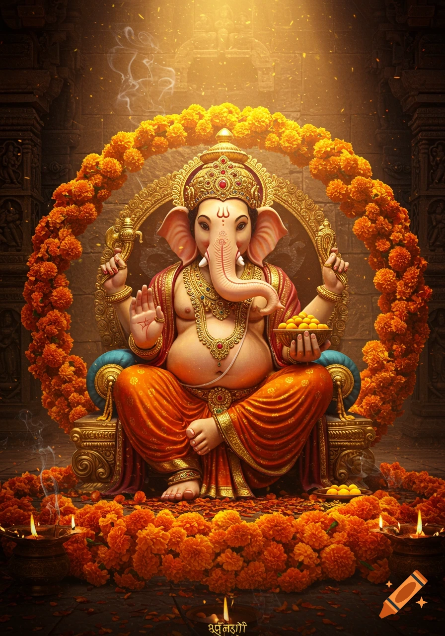 An ornate, photorealistic depiction of the Hindu deity Ganesha, seated ...