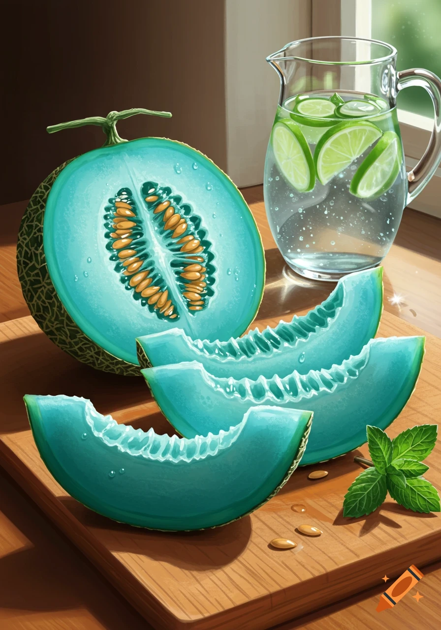 Sliced blue honeydew melon with seeds and water droplets on a wooden ...