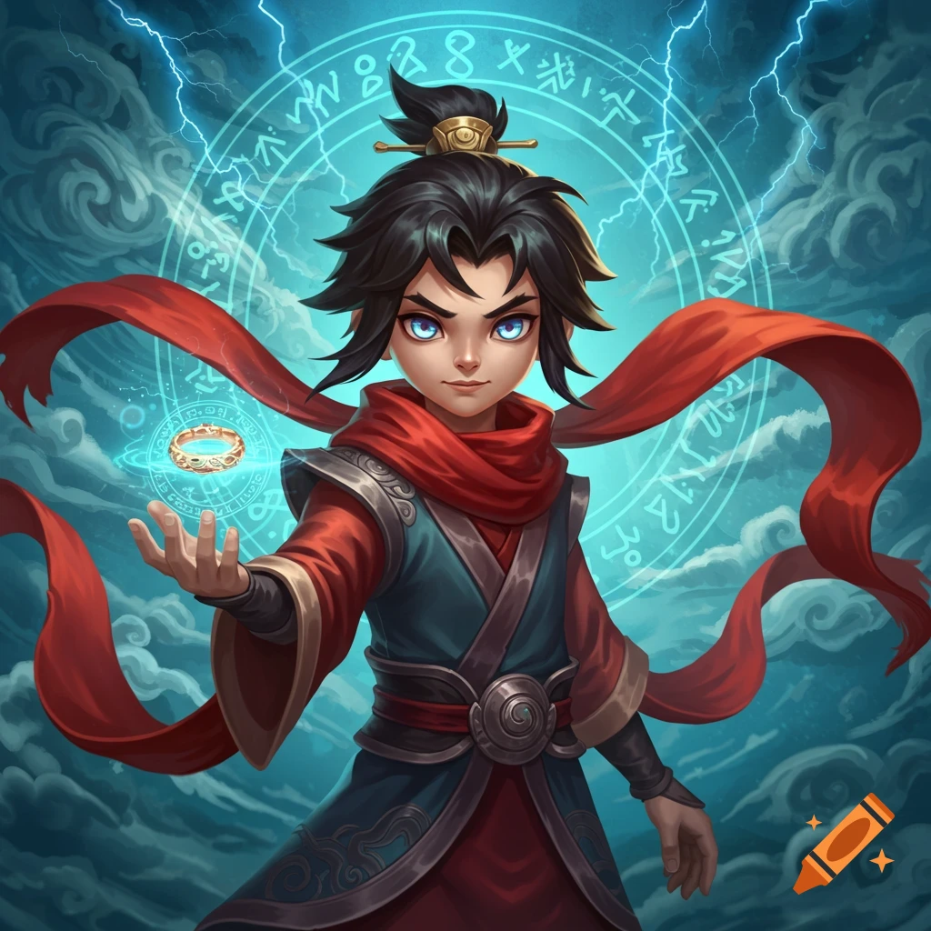 A stern-faced woman in a blue and red ornate costume, wearing a ...