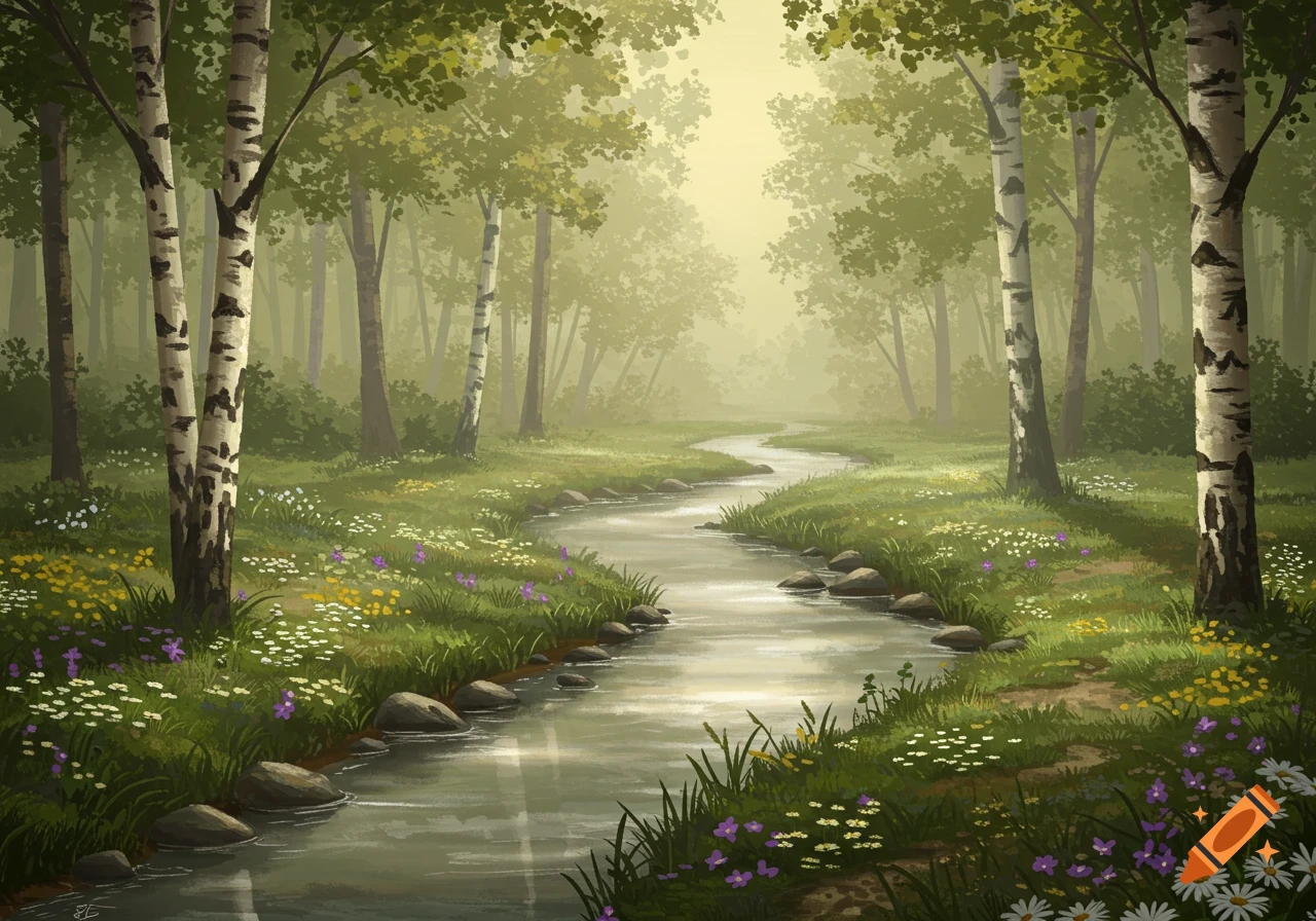 A winding stream flows through a sunlit forest with birch trees, lush ...