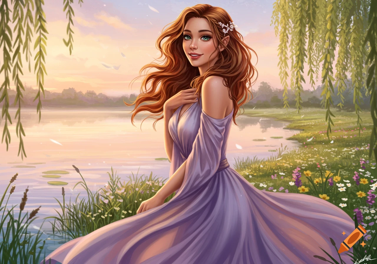An illustrated fantasy woman with long red hair and pointed ears smiles ...