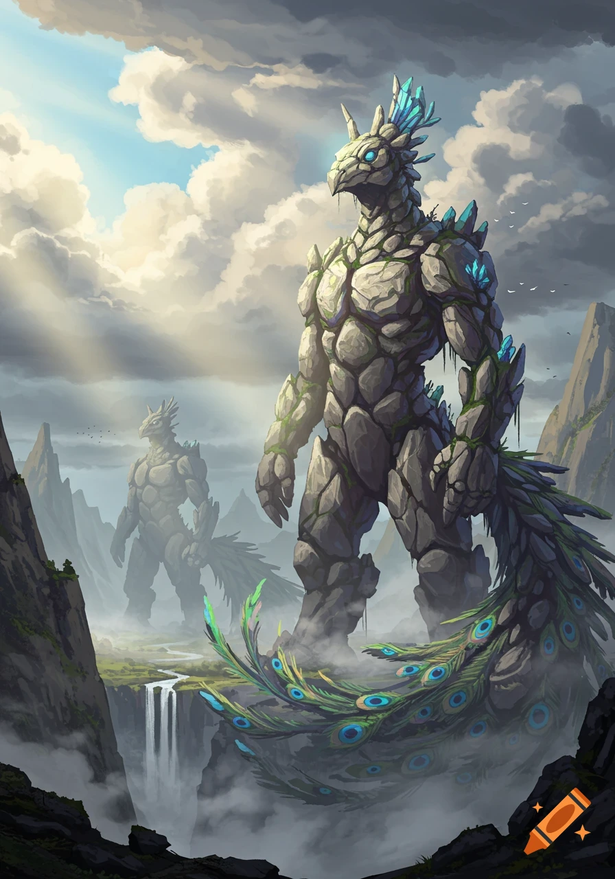 A fantasy monster made of rock and water, with a piano keyboard arching ...