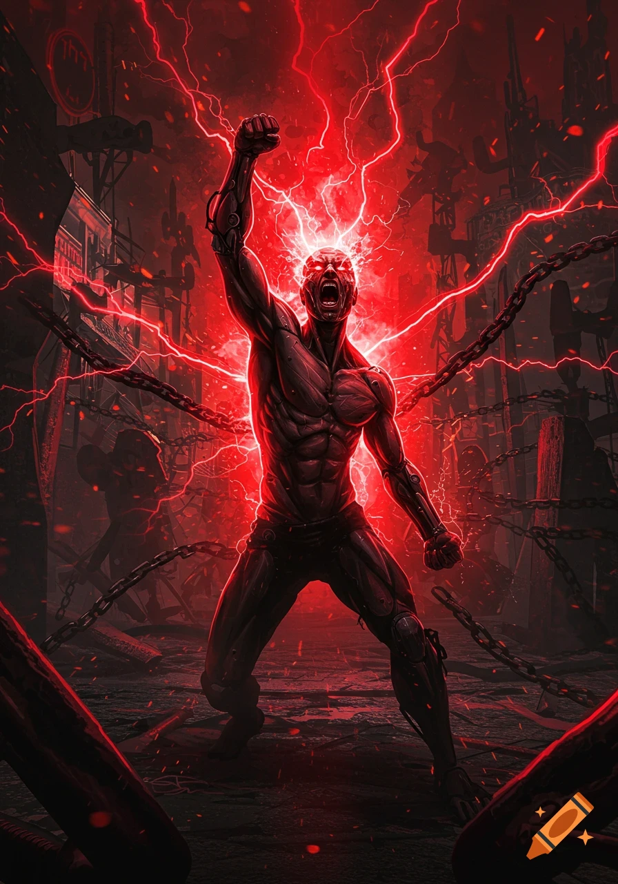 Dark fantasy art of a figure clutching their head as red and blue ...