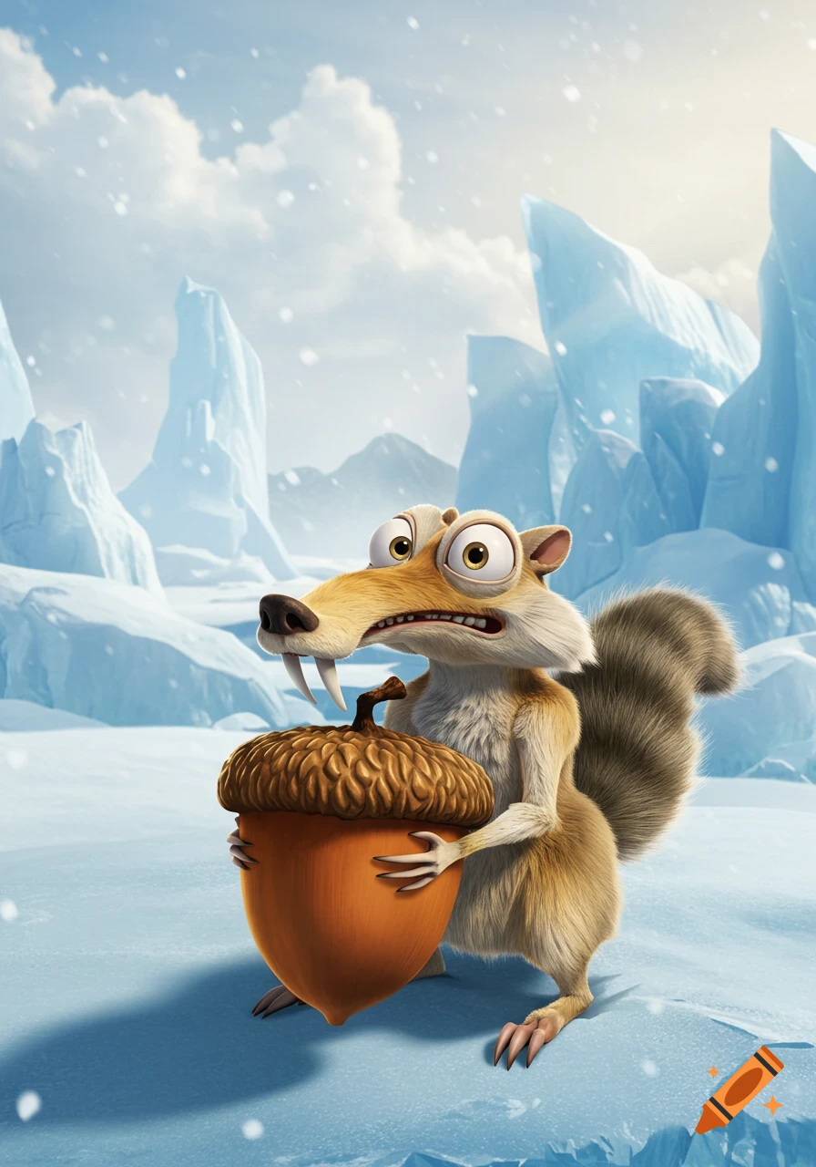 Cartoon Scrat from Ice Age frantically runs through a snowy, icy ...