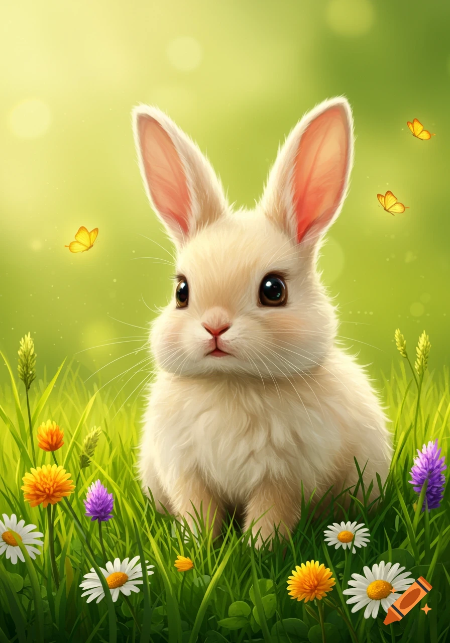 A cute, fluffy white rabbit sits by a stream in a sun-dappled forest ...