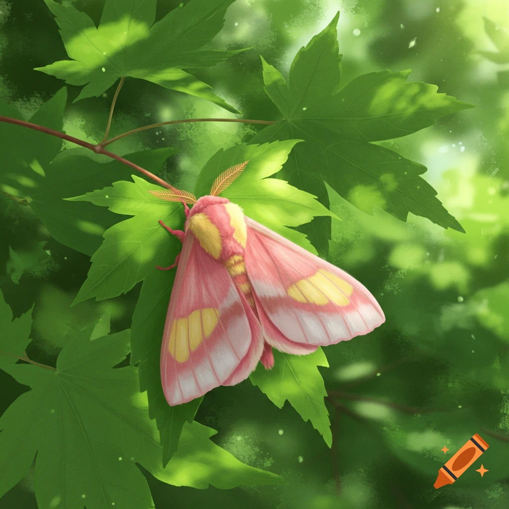 A colorful pink and yellow rosy maple moth with furry body and ...