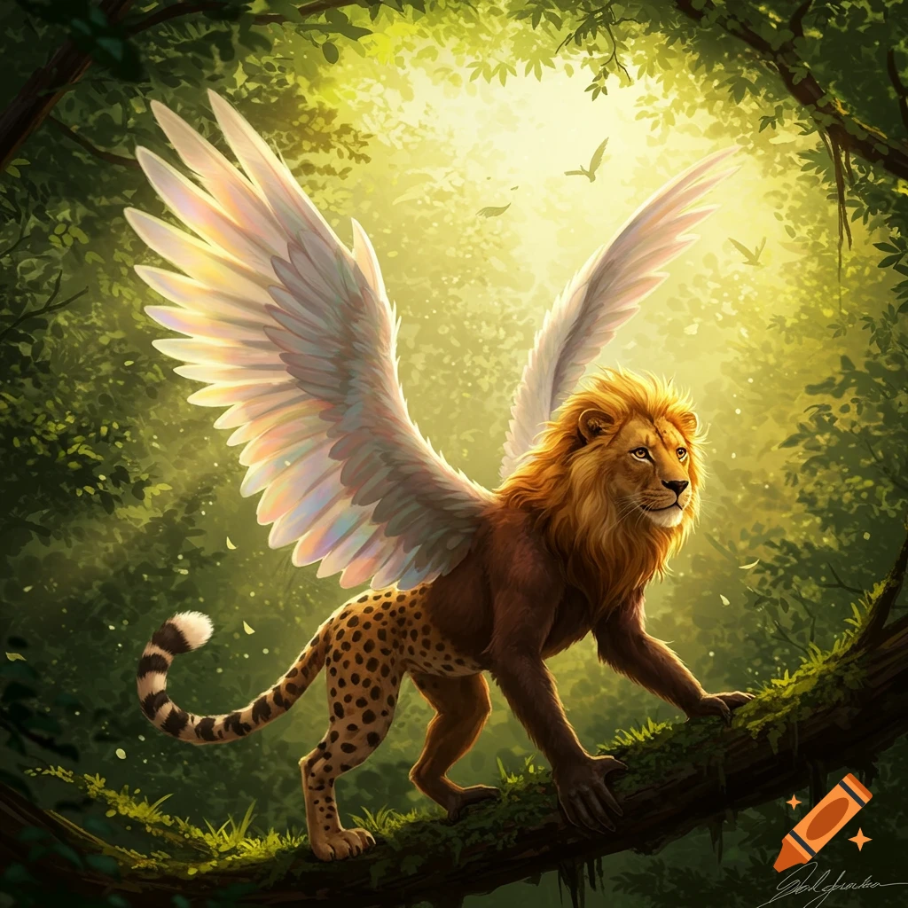 A majestic winged lion-cheetah hybrid creature stands on a mossy tree ...