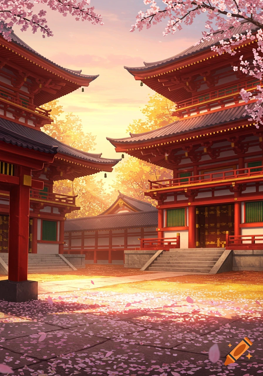 Vibrant anime-style Japanese temple with red tiered roofs, white cherry ...