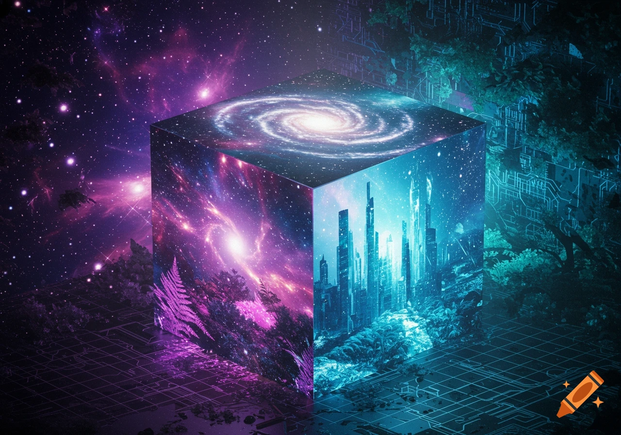 A gloomy, mystical scene with a large gnarled tree, a glowing infinity ...