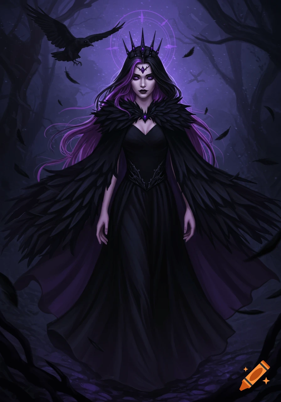 A dark-haired woman in a black cloak holds a glowing staff and conjures ...