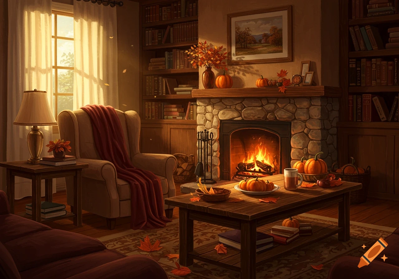 A warmly lit, cozy living room illustration with a crackling fireplace ...