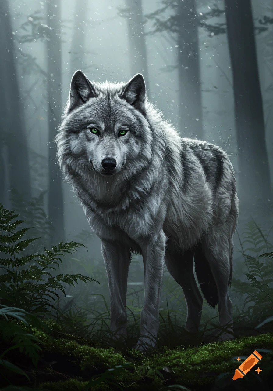 A majestic photorealistic werewolf with glowing yellow eyes stands on ...