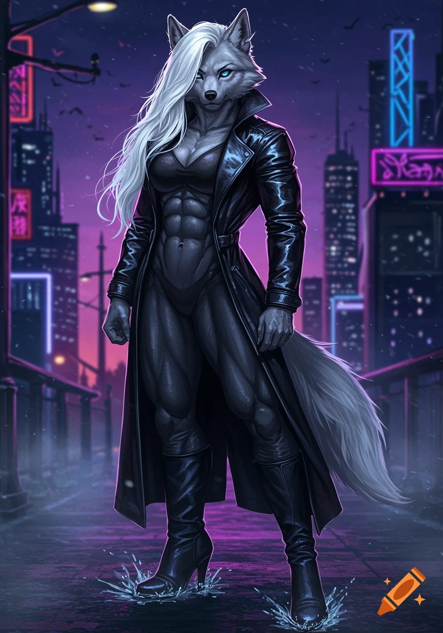 Muscular white-haired wolf woman in a black leather trench coat stands ...