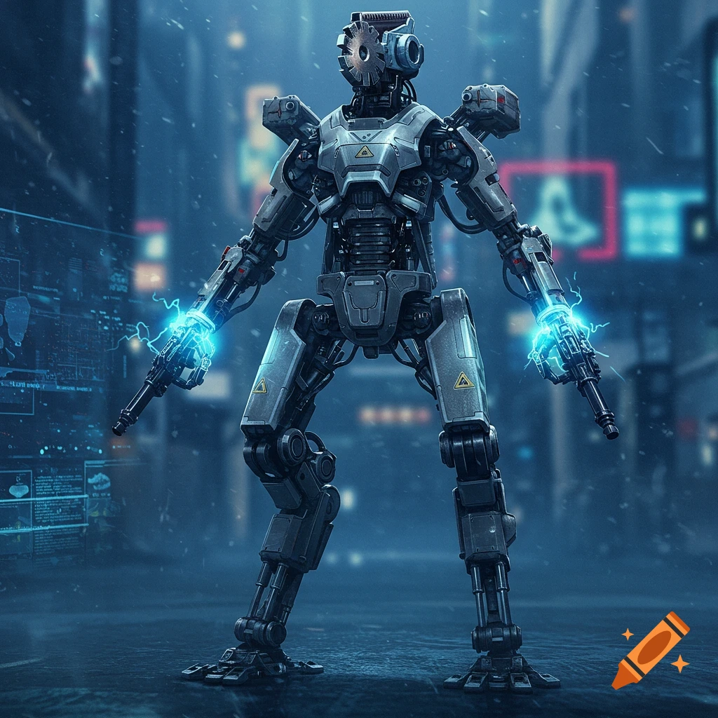 A cartoon illustration of a large monster robot made of rusty car parts ...