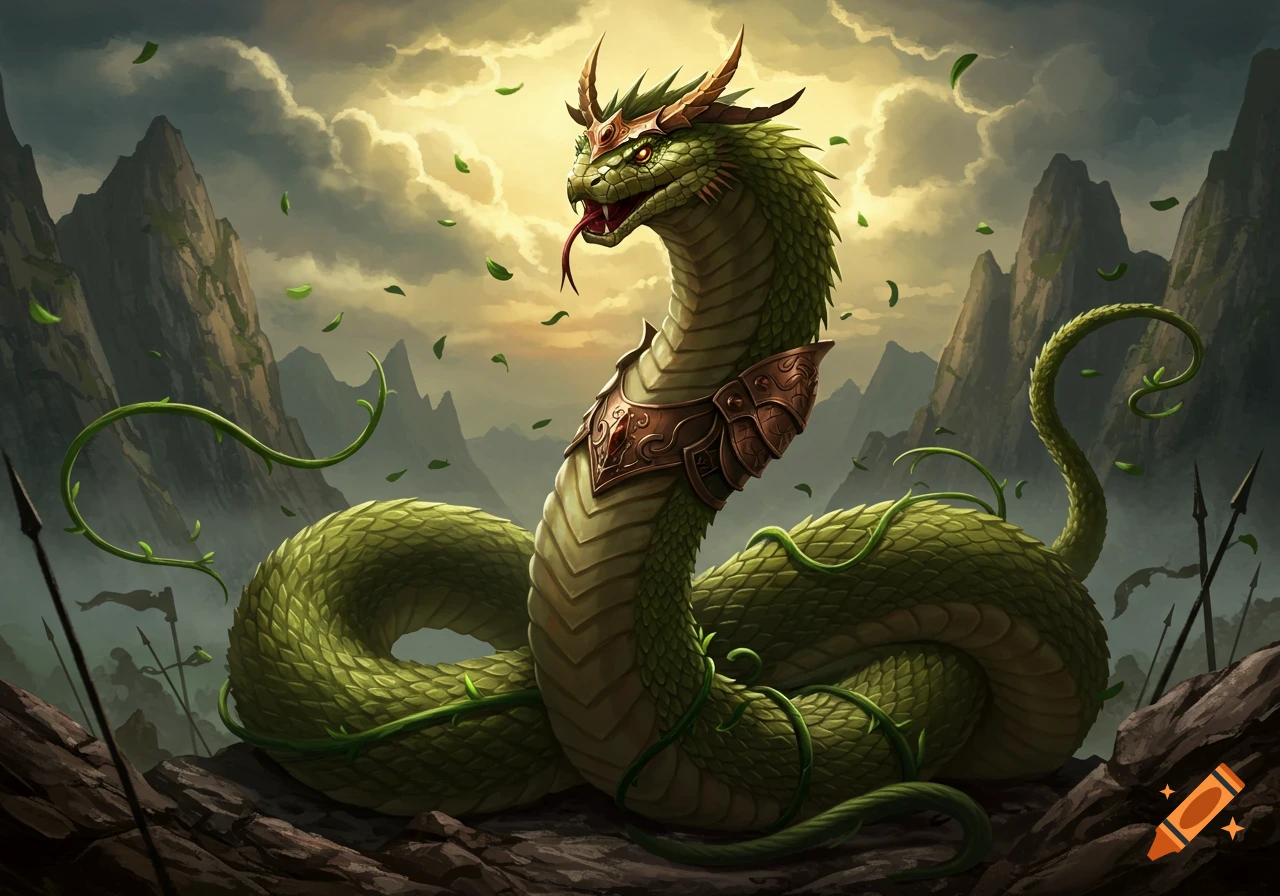 Muscular man with a python's head and scales around his shoulders ...