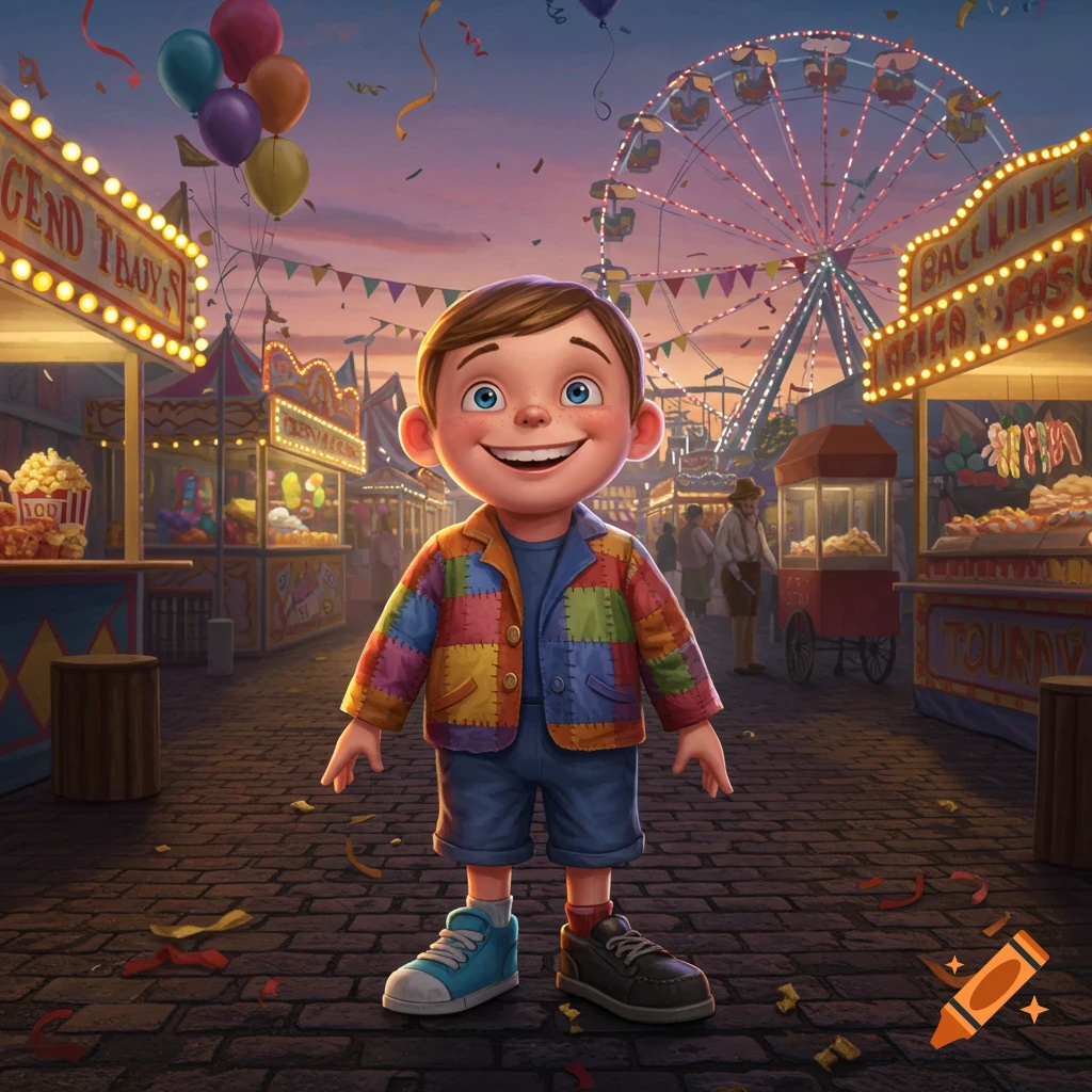 A happy animated boy in a blue beret and striped shirt stands in a ...