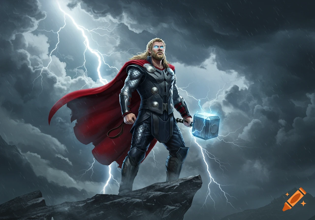 Thor, the superhero, stands on a rocky outcrop amidst a stormy sky with ...