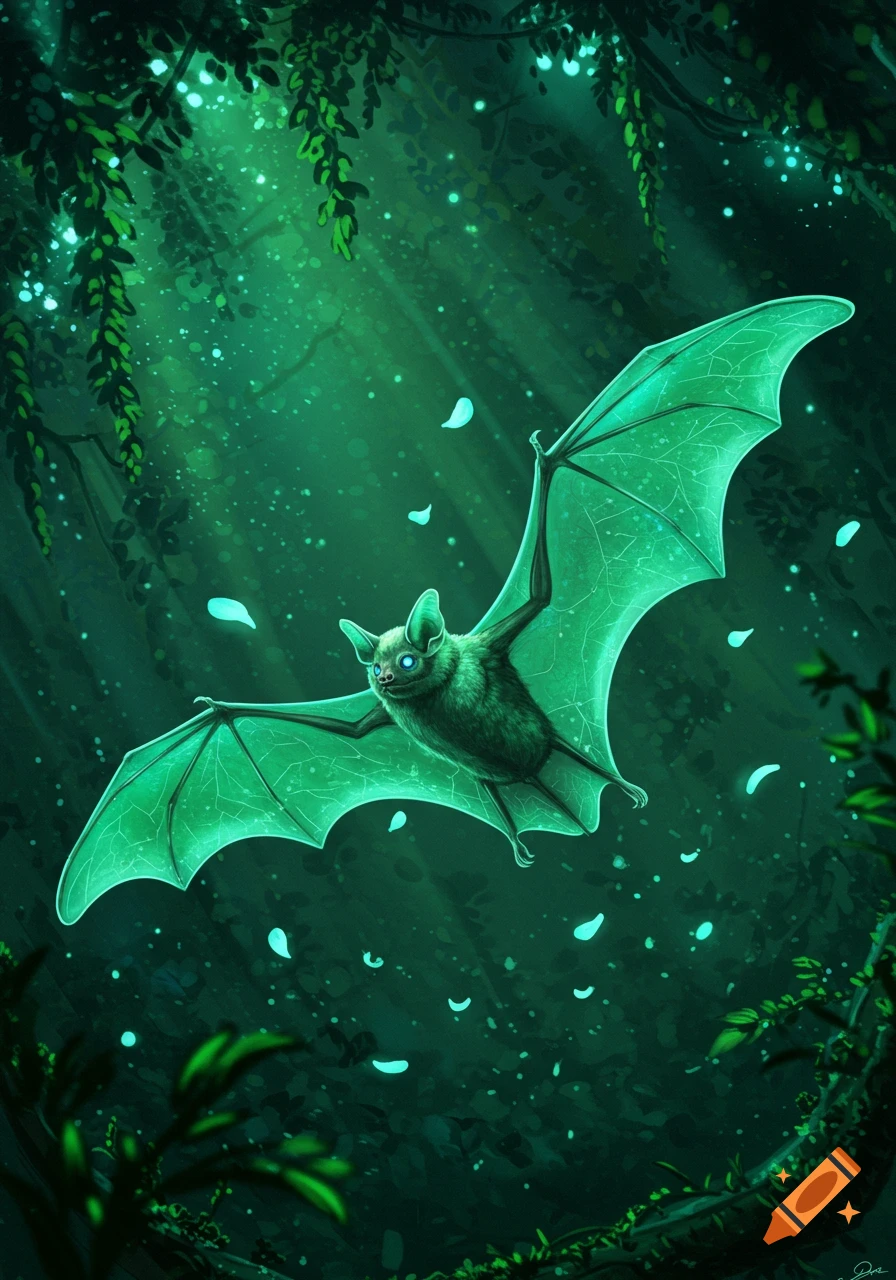 A glowing green fantasy bat with bright eyes flies through a mystical ...