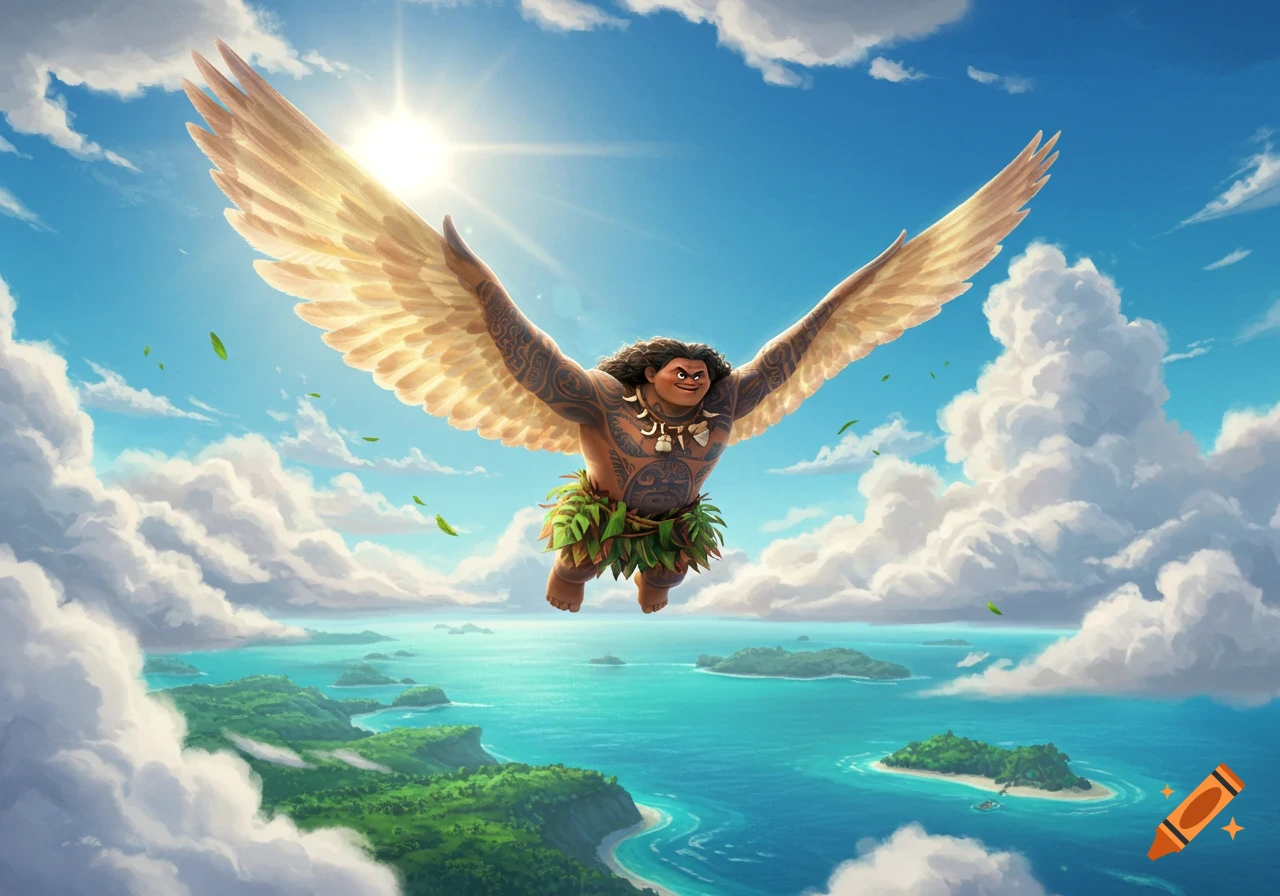 Maui with large wings flying high in a blue sky over tropical islands ...