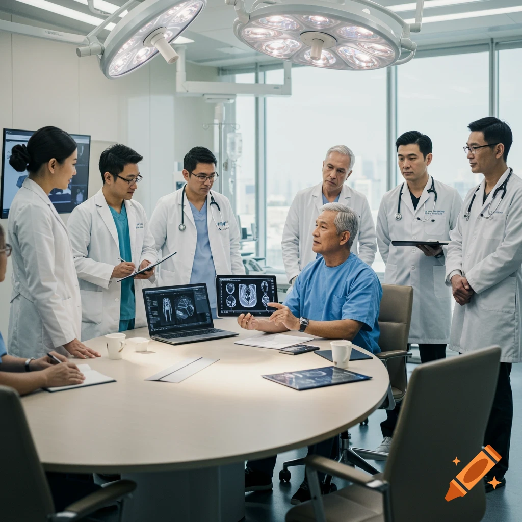 A group of medical professionals and a patient discussing medical scans ...