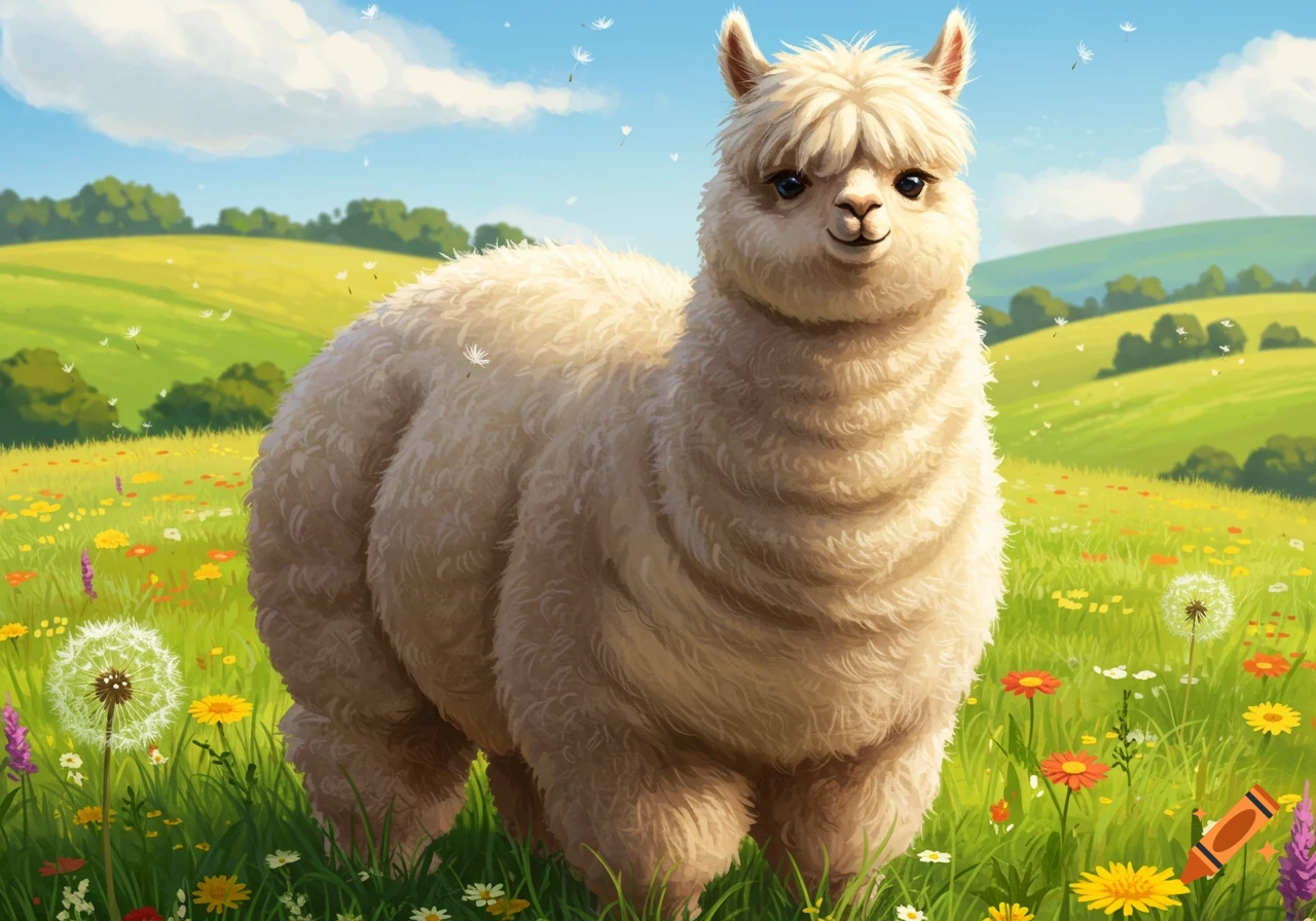 An illustration of a light brown alpaca standing in a sunny, green ...