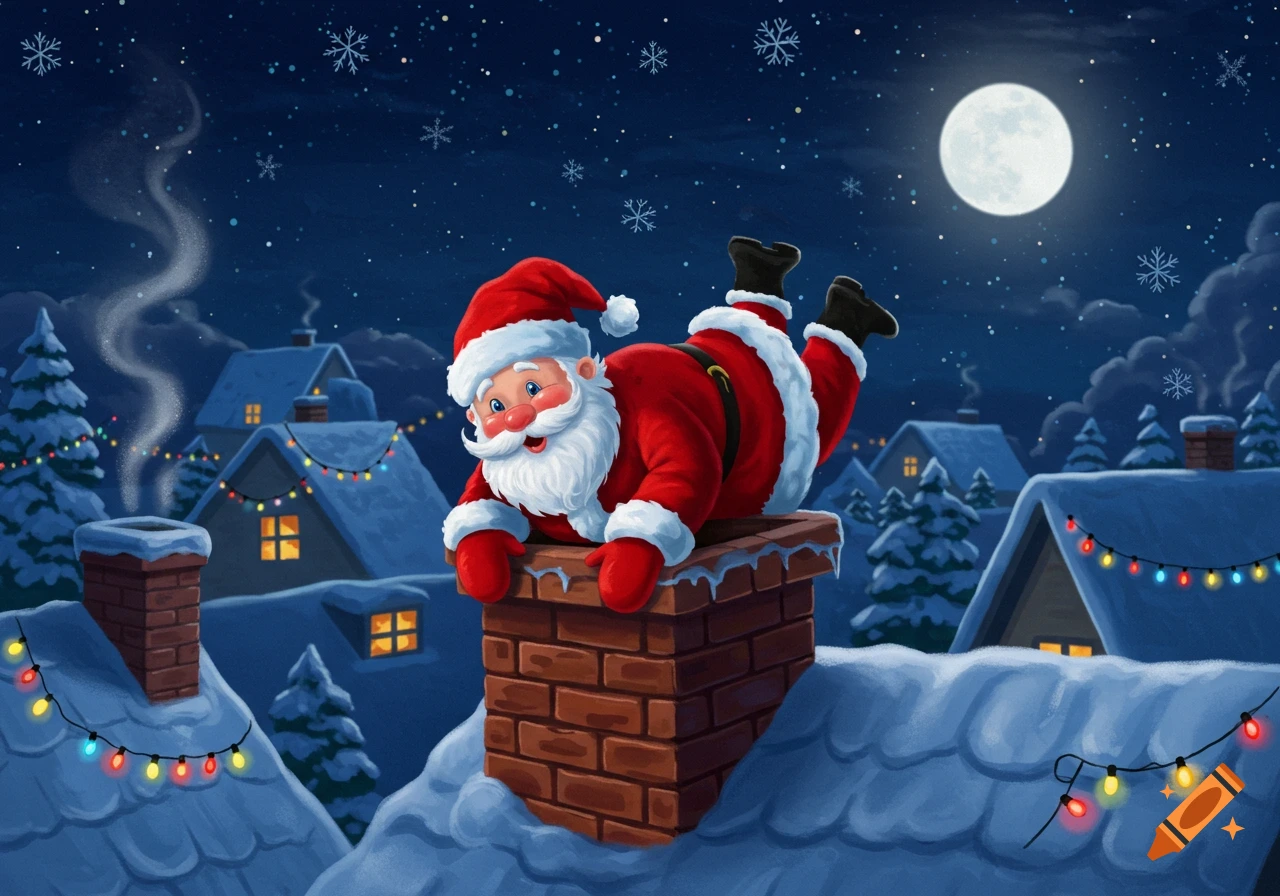 Cartoon Santa Claus stuck in a brick chimney on a snowy rooftop at ...
