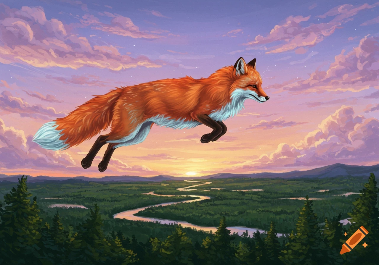 A blue fox with white spots drinks from a stream, reflecting a ...