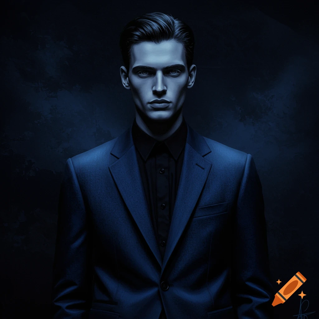 A muscular man in a dark suit and white shirt stands in a dimly lit ...