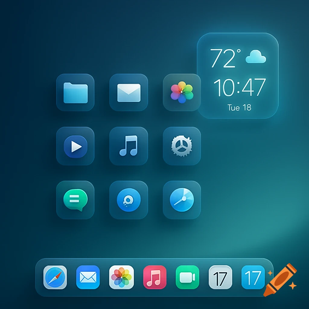 A modern, minimalist operating system interface with translucent app ...