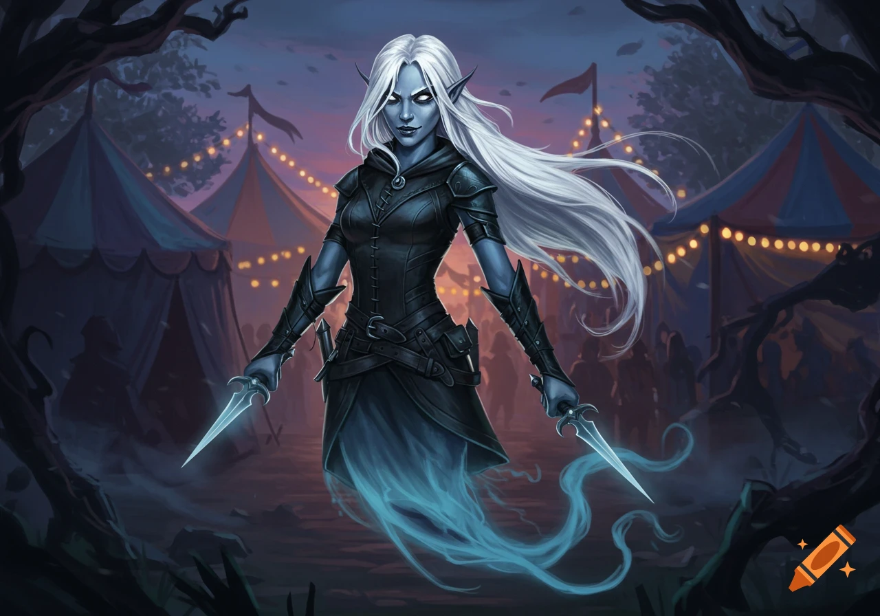 A female high elf with long white hair and pointed ears wears a striped ...