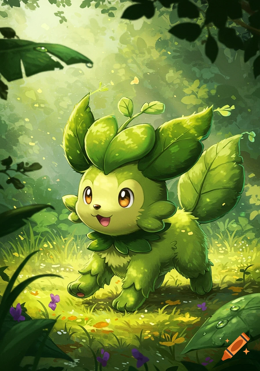 A cute, green, leaf-covered grass-type Pokemon stands in a vibrant ...
