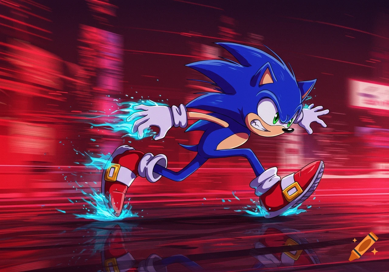 Sonic stands ready in a neon-lit Tokyo cityscape at night, while Tails ...