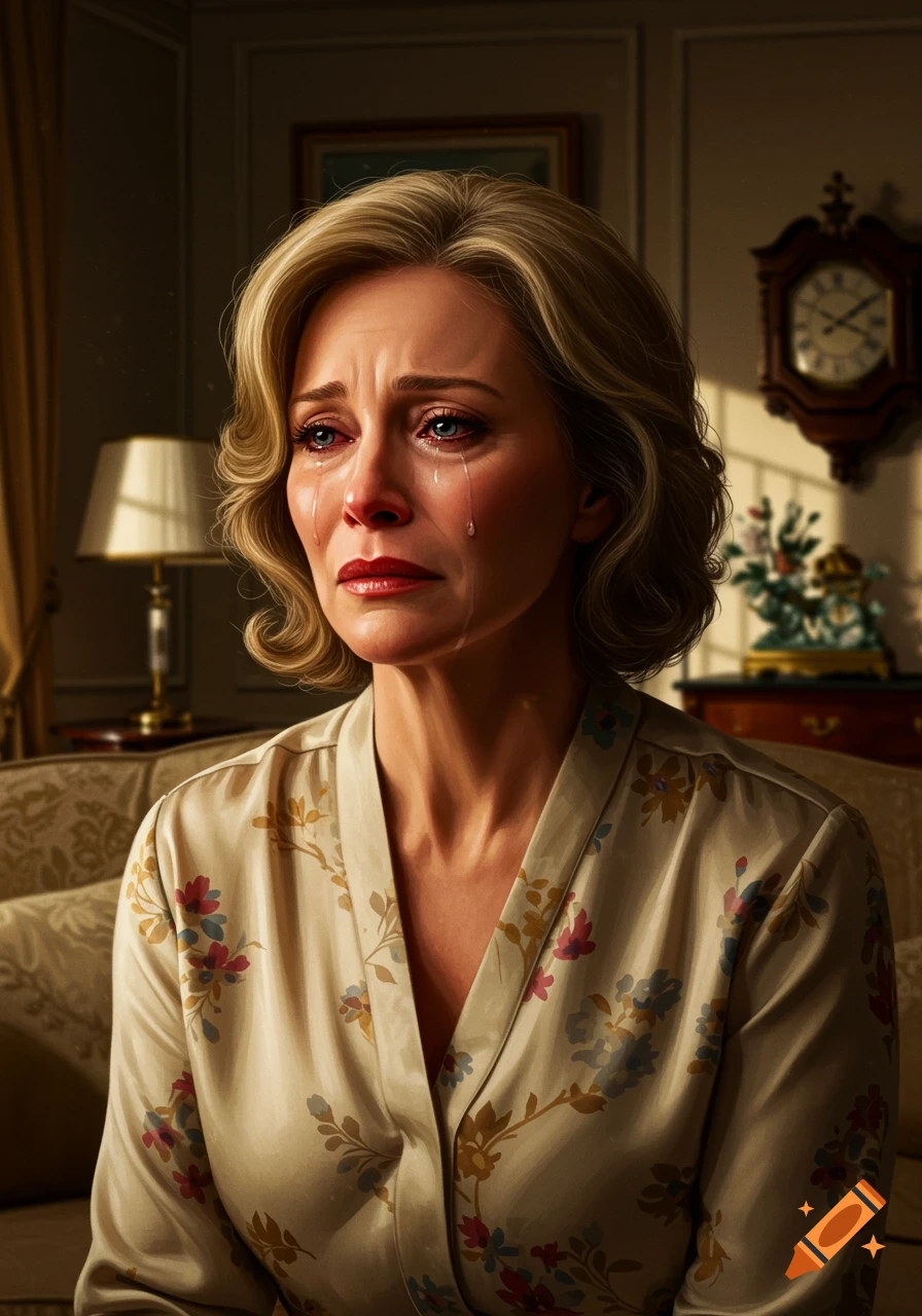 A smiling blonde woman with vampire fangs, wearing a blue suit, in a ...