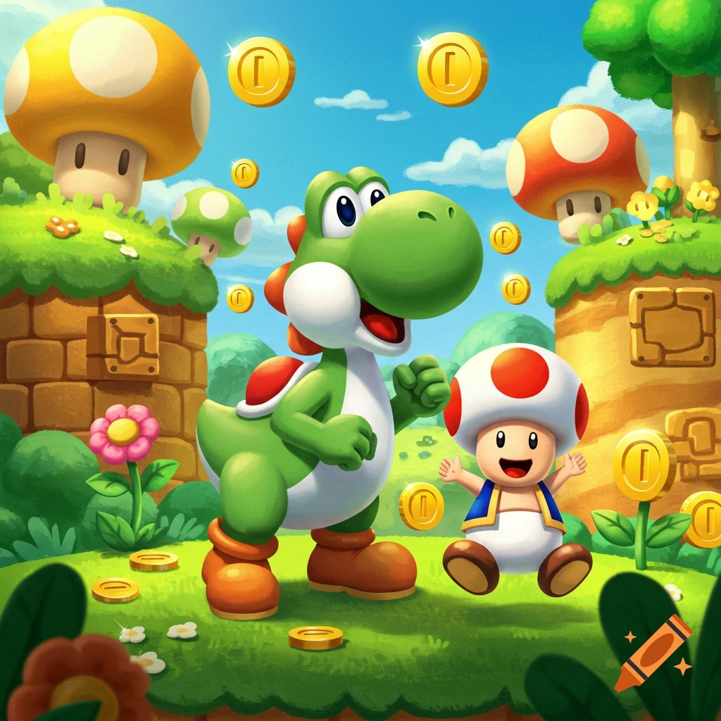 Yoshi jumping in a vibrant Super Mario Bros. style landscape with ...
