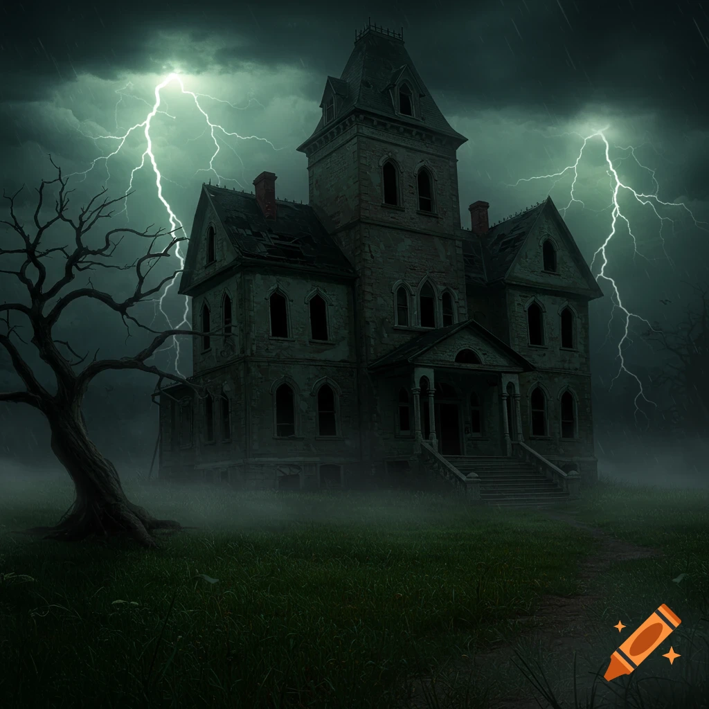 A stylized dark and eerie scene of a haunted wooden cabin in a foggy ...