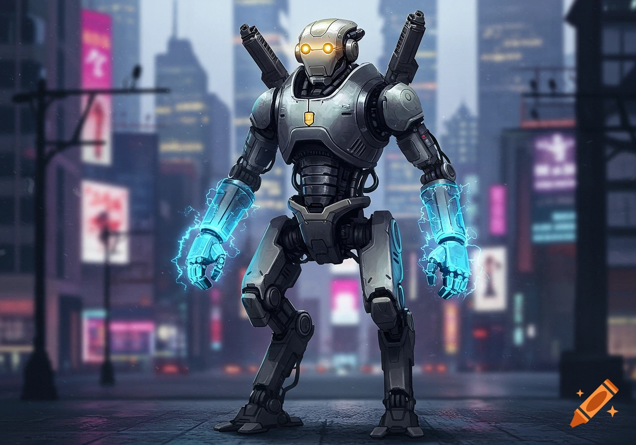 A detailed grey combat mech robot with clawed hands and shoulder ...