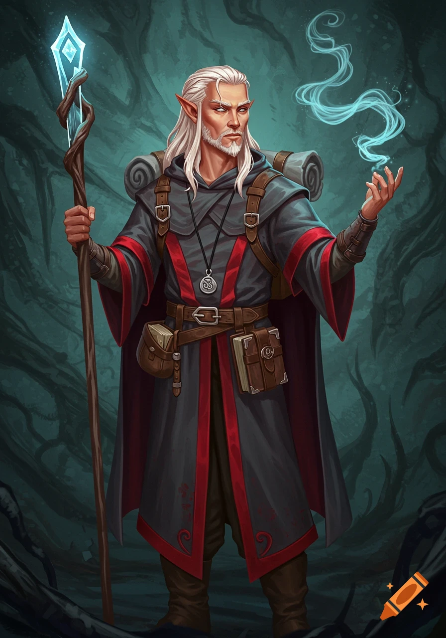 A serious male elf magus in leather armor and glasses, holding a black ...