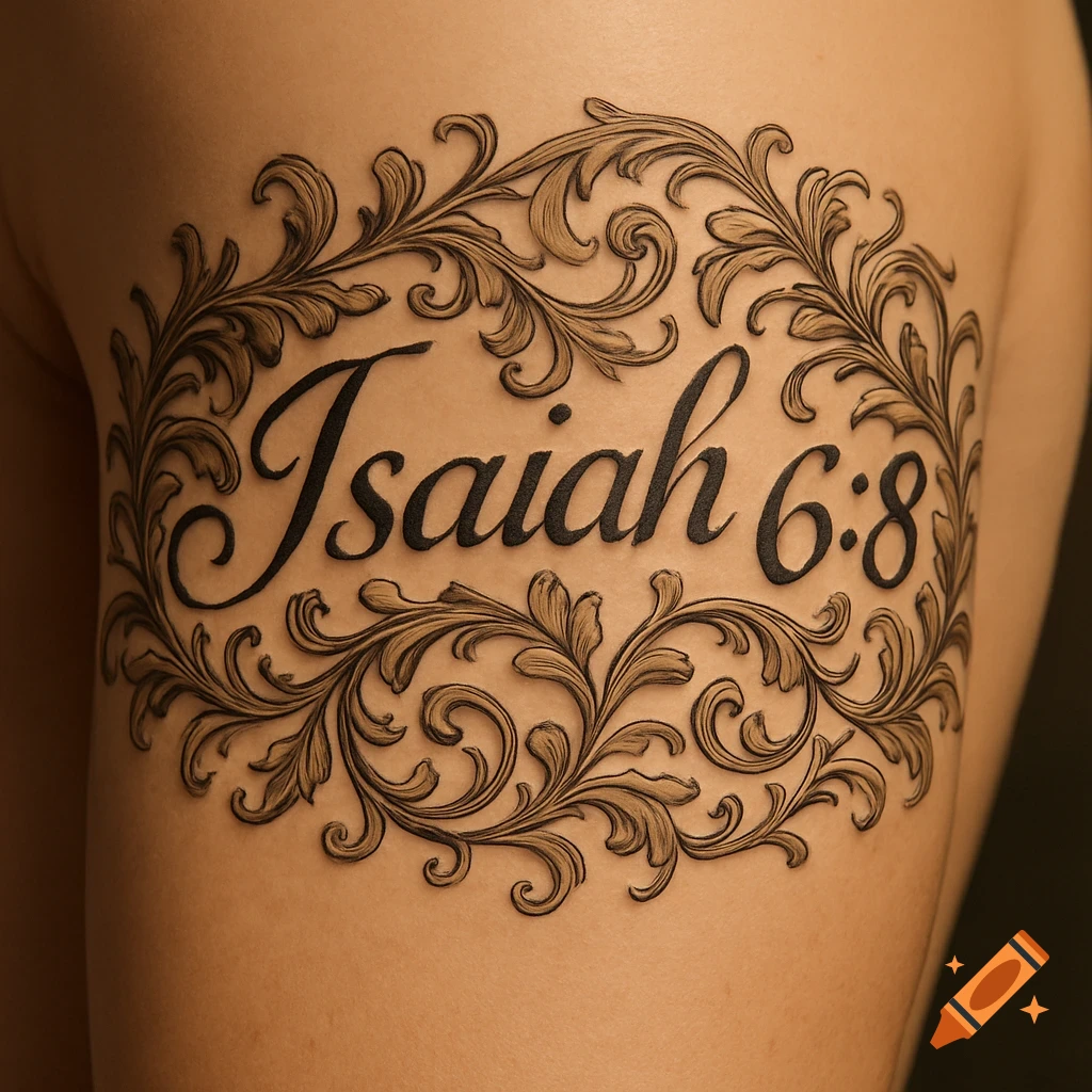 Close-up of a detailed black ornamental tattoo with 'Isaiah 6:8 ...