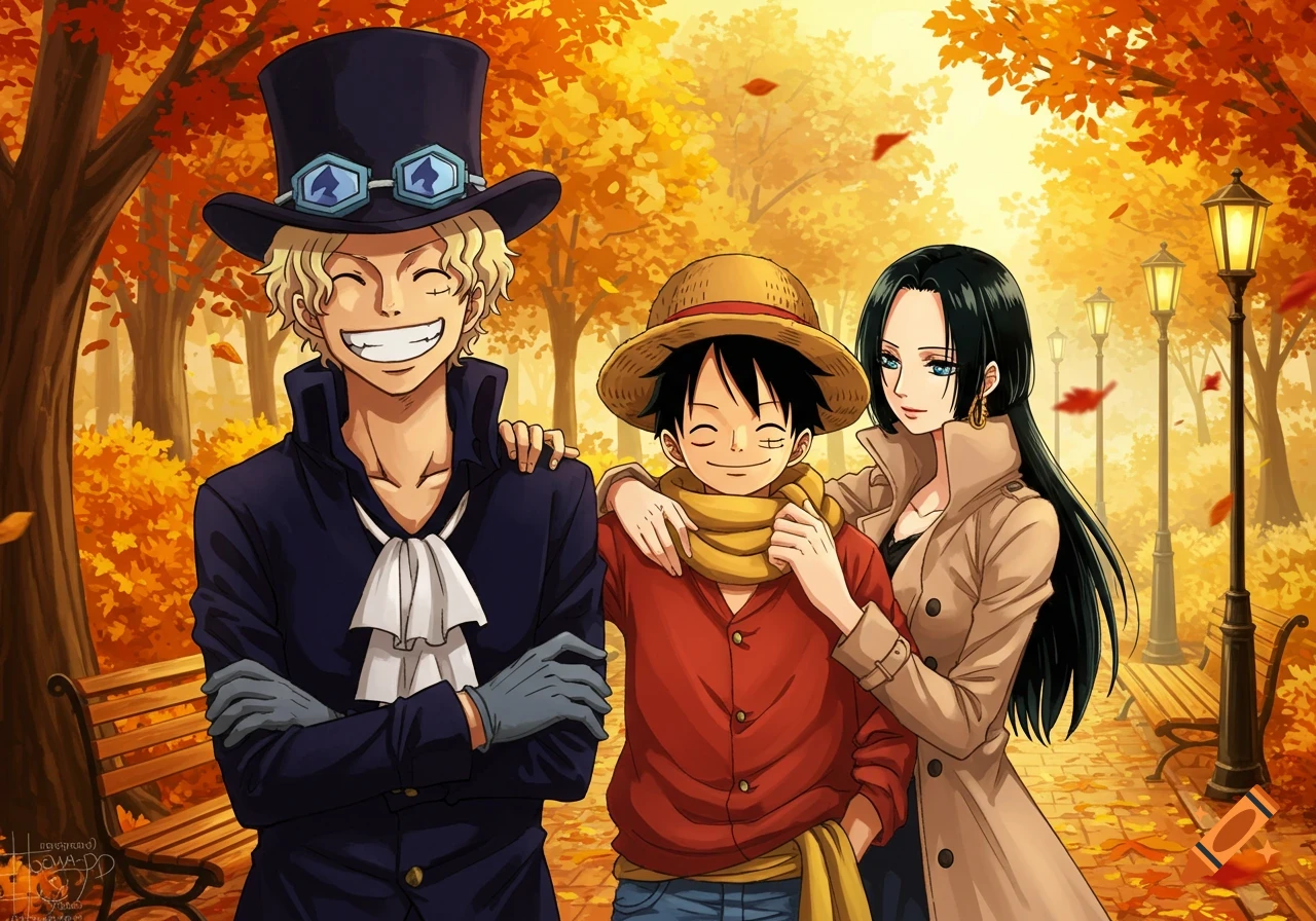 Sabo, Luffy, and Hancock smiling in an autumn park with golden leaves ...