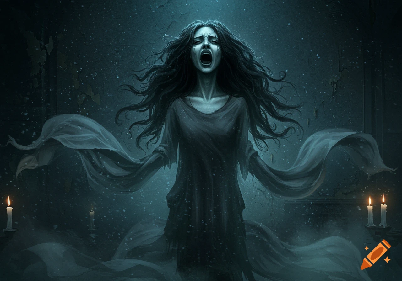 Dark whimsical illustration of a girl walking on a path in a mystical ...